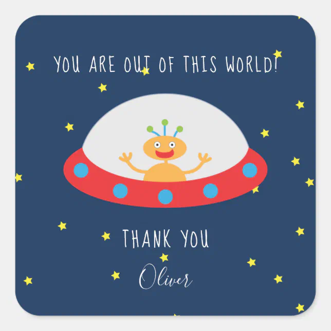 Alien out of this world birthday thank you sticker | Zazzle