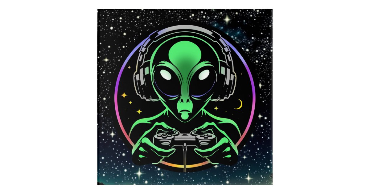 Alien Playing Video Games with Star Background Acrylic Print | Zazzle