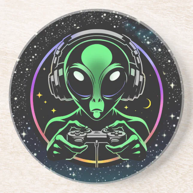 Alien Playing Video Games with Star Background Coaster | Zazzle