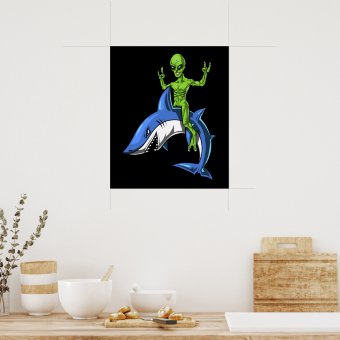 Alien Riding Shark Space UFO Poster | Zazzle