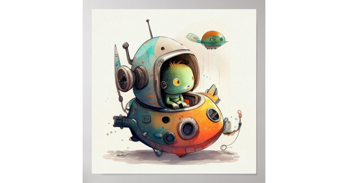 "Alien Robot in Spaceship" - Watercolor Poster | Zazzle