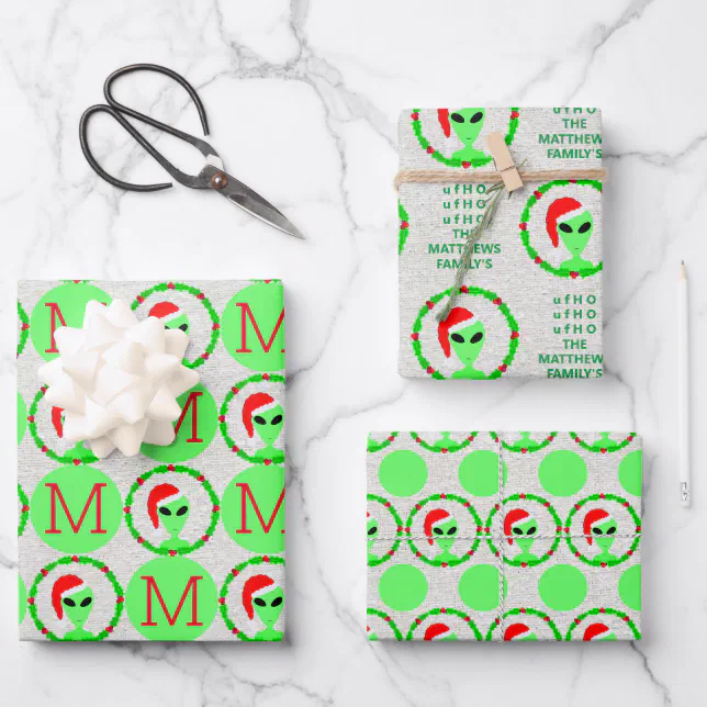 Alien Santa Holly Wreath Christmas Assortment Wrapping Paper Sheets ...