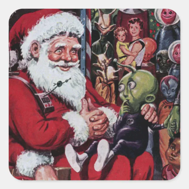 Alien Santa Vintage Illustration Scrapbook Square Sticker | Zazzle