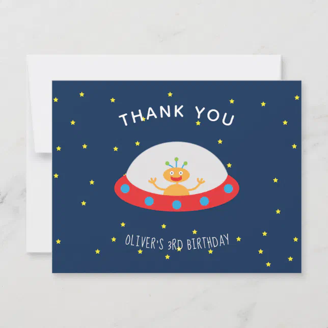 Alien spaceship birthday thank you note | Zazzle