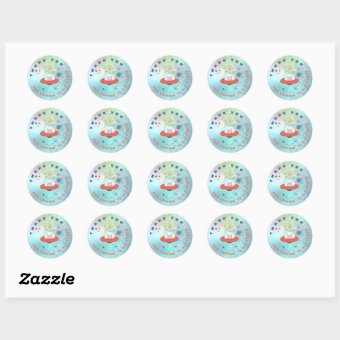Alien Spaceship Thank You teal Birthday Favor Classic Round Sticker ...