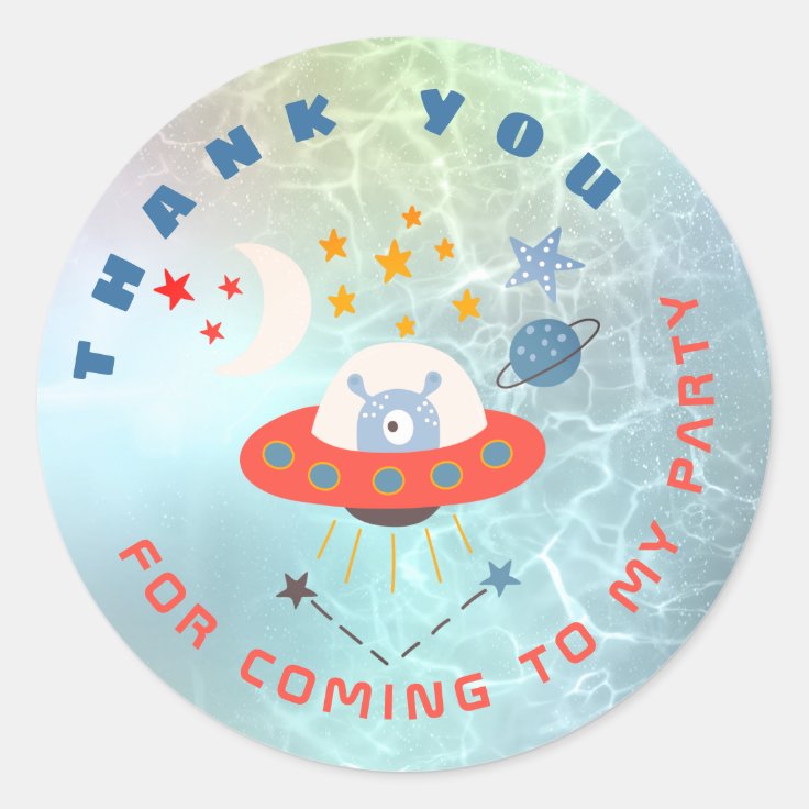 Alien Spaceship Thank You teal Birthday Favor Classic Round Sticker ...