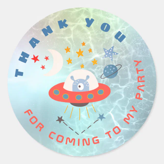 Alien Spaceship Thank You teal Birthday Favor Classic Round Sticker ...