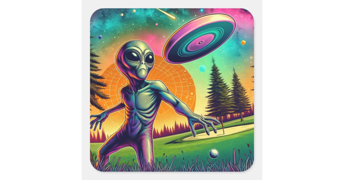Alien Throwing Disc Golf Square Sticker | Zazzle
