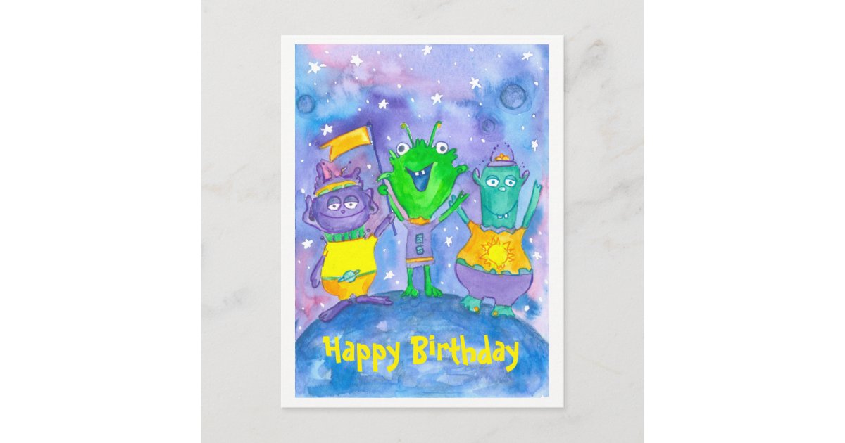Aliens Outer Space Happy Birthday Postcard | Zazzle