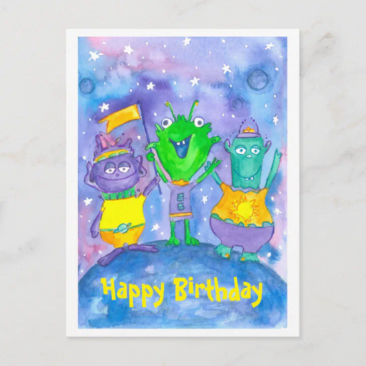 Aliens Outer Space Happy Birthday Postcard | Zazzle