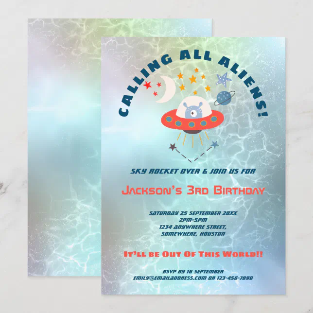 Aliens Teal Watercolor 3rd Birthday party Invitation | Zazzle