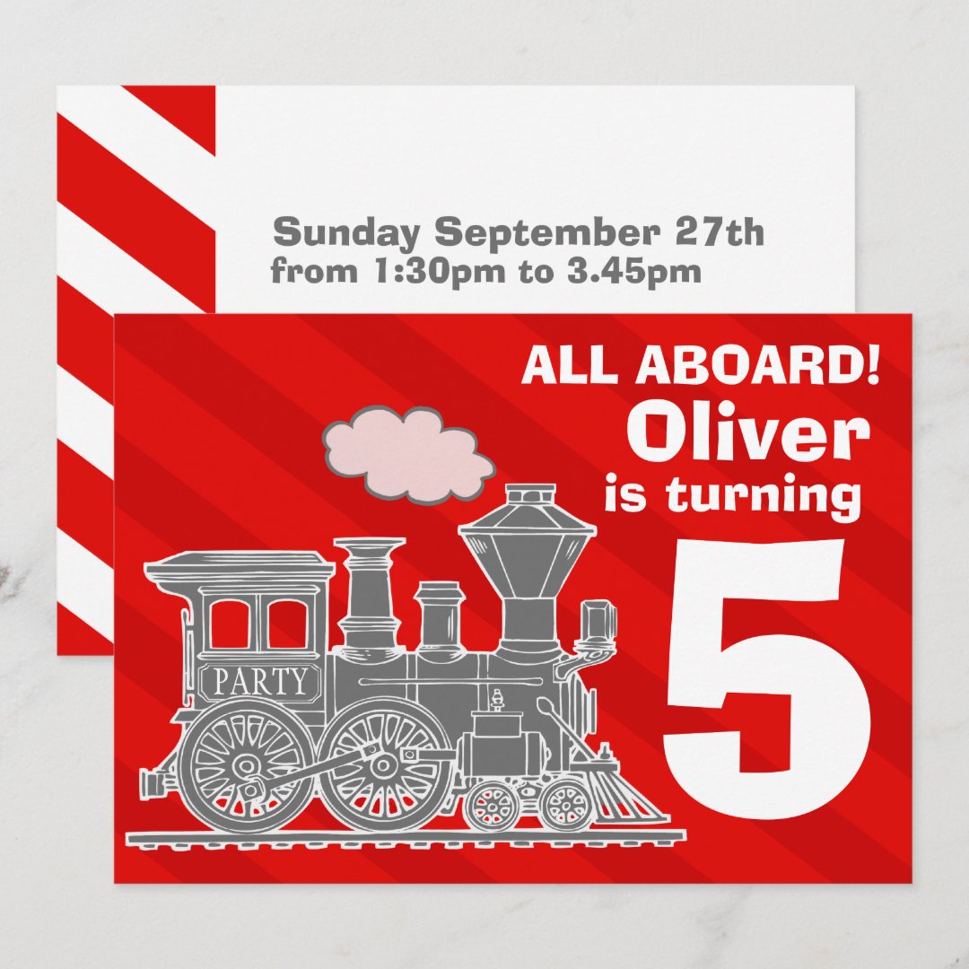 All aboard boys train birthday party invite | Zazzle