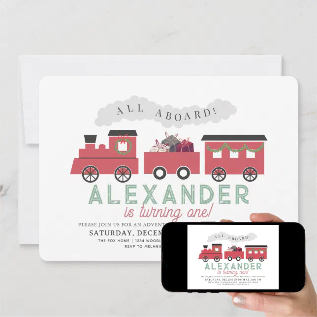 All Aboard Christmas Steam Train 1st Birthday Invitation | Zazzle