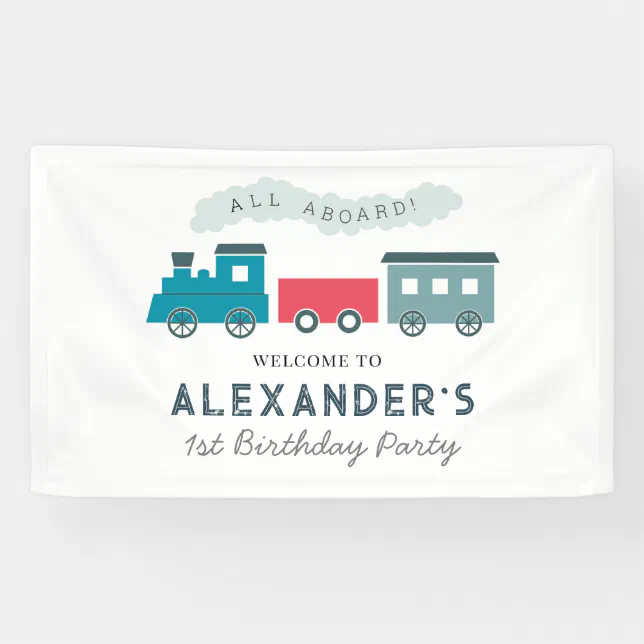 All Aboard Steam Train Blue Boy Birthday Banner | Zazzle