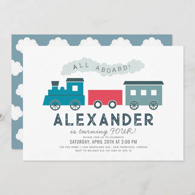All Aboard Steam Train Blue Boy Birthday Invitation | Zazzle