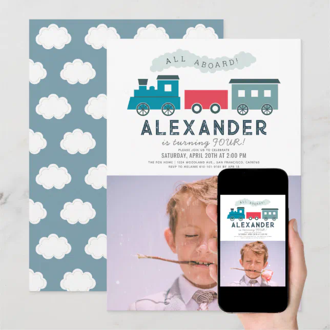 All Aboard Steam Train Blue Boy Birthday Photo Invitation | Zazzle