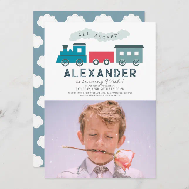 All Aboard Steam Train Blue Boy Birthday Photo Invitation | Zazzle