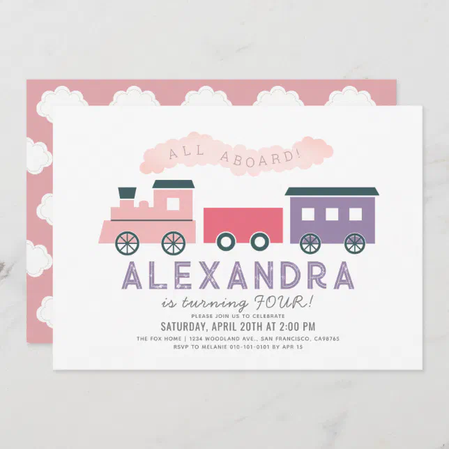 All Aboard Steam Train Pink Girl Birthday Invitation | Zazzle