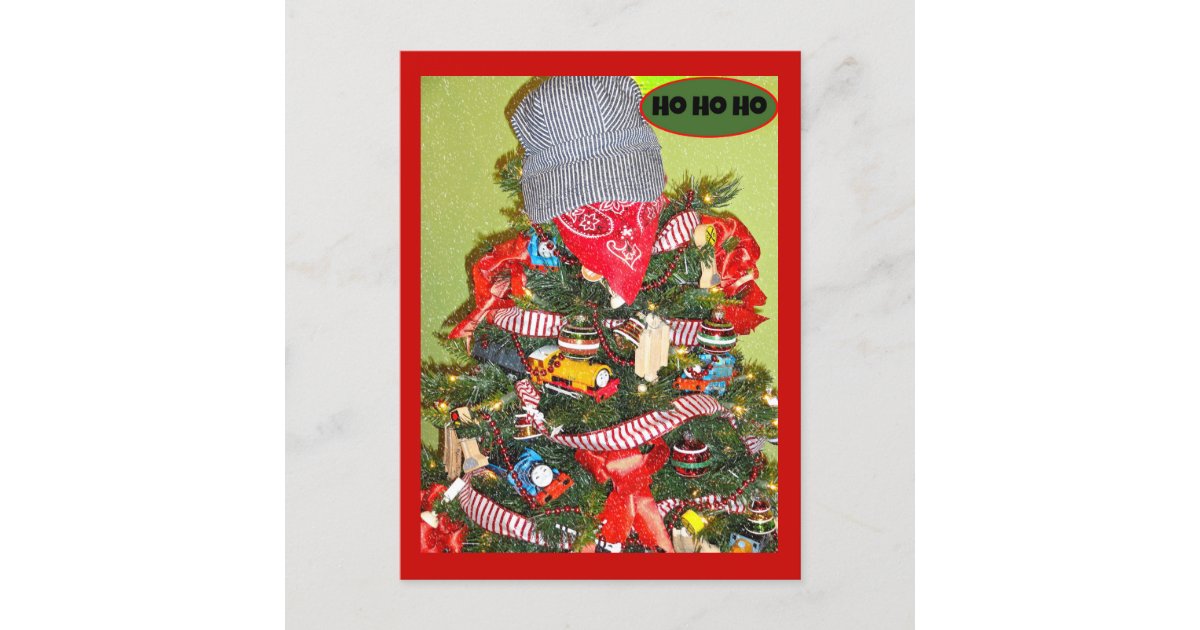 All Aboard! Train Themed Christmas Tree Greeting Postcard | Zazzle