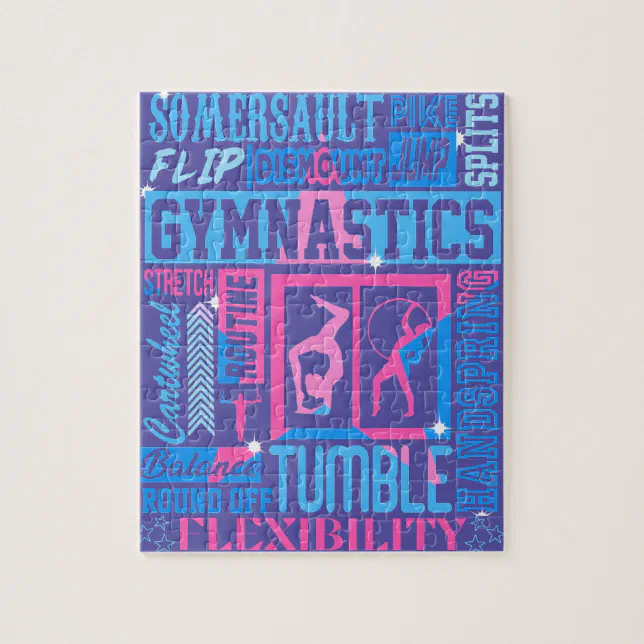 All About Gymnastics Typography in Pink and Blue Jigsaw Puzzle | Zazzle
