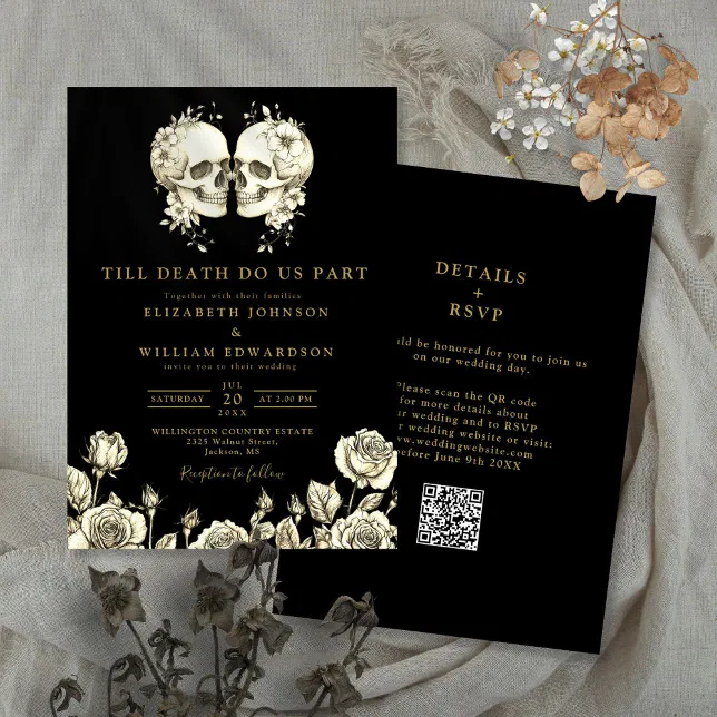 All In One Black And Gold Gothic QR Code Wedding Invitation | Zazzle