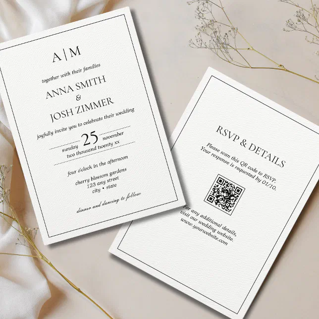 All in one Black & White Minimal Monogram QR code Invitation | Zazzle