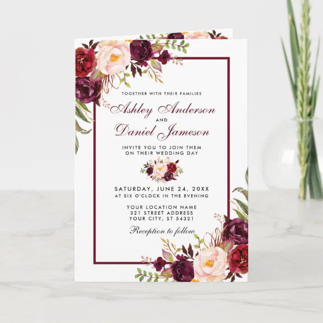 All In One Burgundy Floral Wedding Invitation | Zazzle