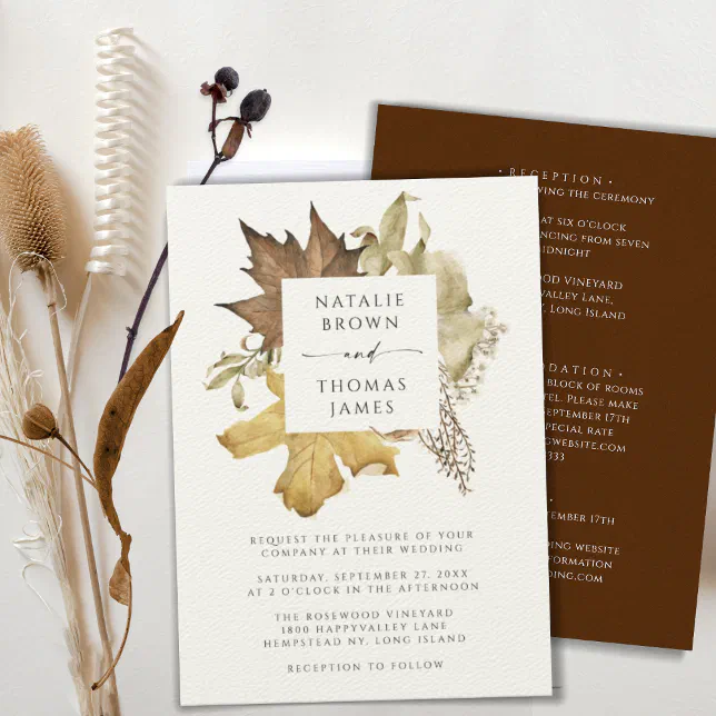 All In One Elegant Dusty Brown Autumn Fall Wedding Invitation | Zazzle