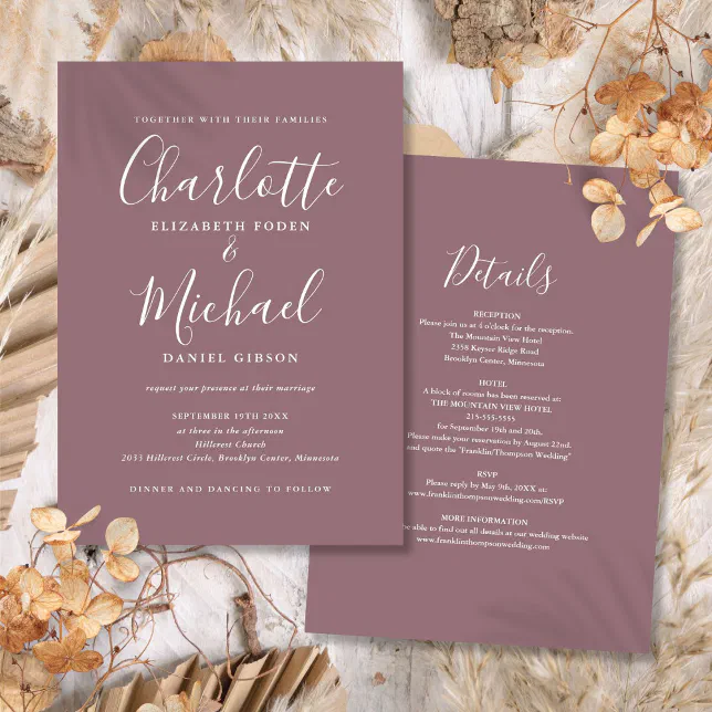 All In One Elegant Modern Script Mauve Wedding Invitation | Zazzle