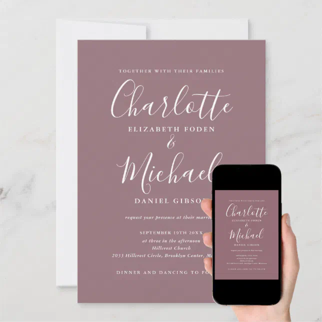 All In One Elegant Modern Script Mauve Wedding Invitation | Zazzle