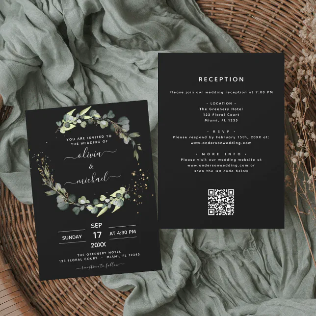 All in One Eucalyptus Black Rustic Wedding Invitation | Zazzle