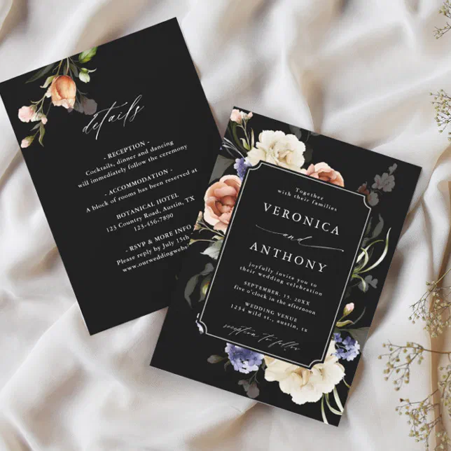 All In One Garden Floral Frame Wedding Black Invit Invitation | Zazzle