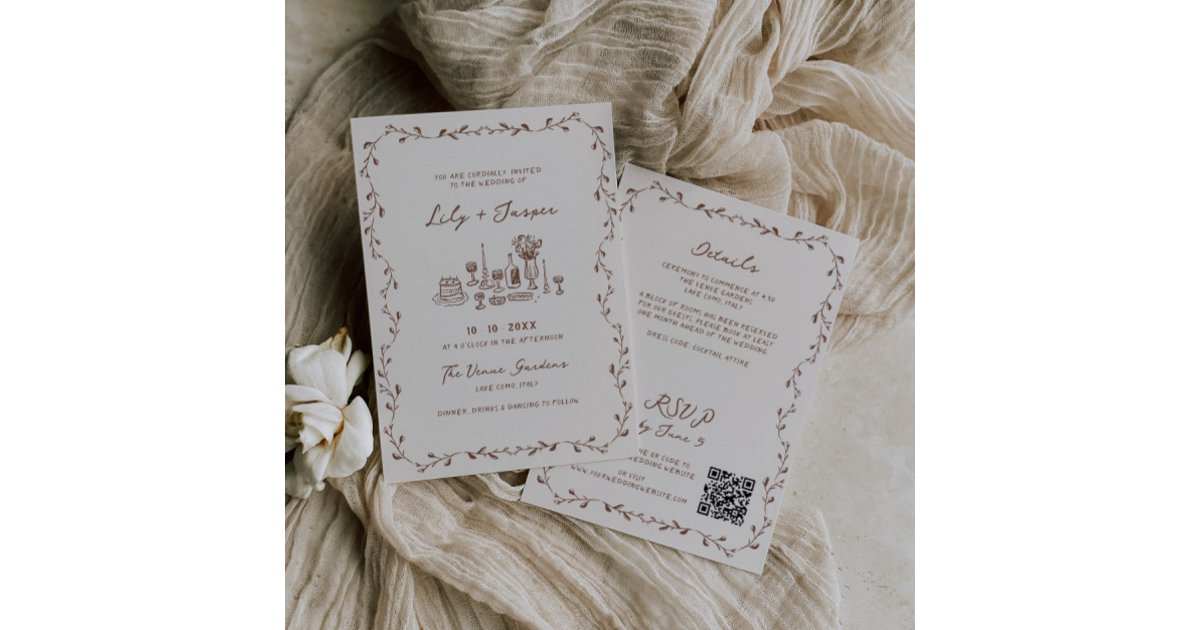 All In One Mocha Hand Drawn Wedding Invitation | Zazzle