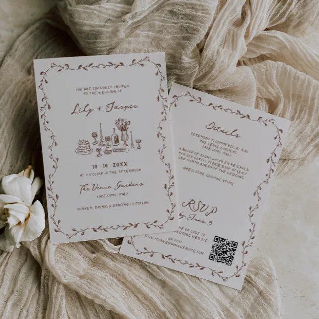 All In One Mocha Hand Drawn Wedding Invitation | Zazzle