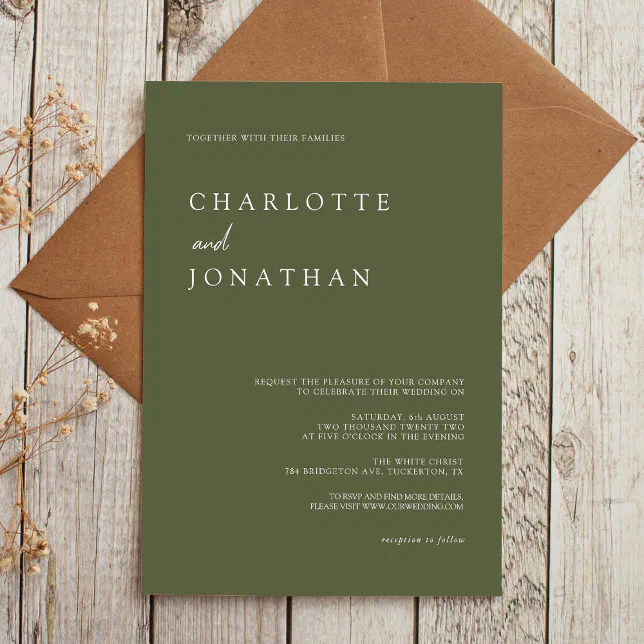 All in One Modern Elegant Olive Green Wedding Invitation | Zazzle