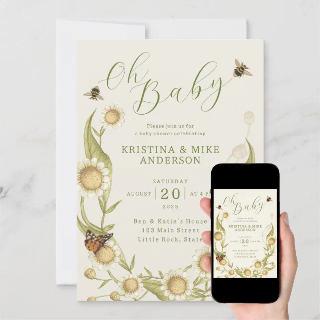 All in One Oh Baby Bee QR Code Shower Invitation | Zazzle