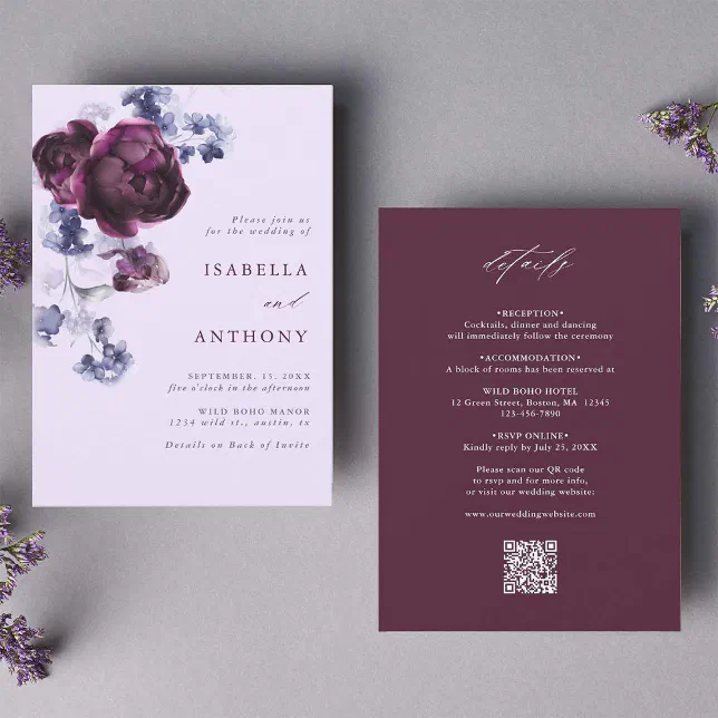 All In One Plum Purple & Indigo Floral Wedding Invitation | Zazzle