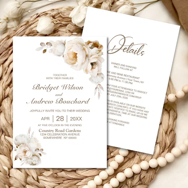 All In One Rustic Cream Floral Wedding Invitation | Zazzle