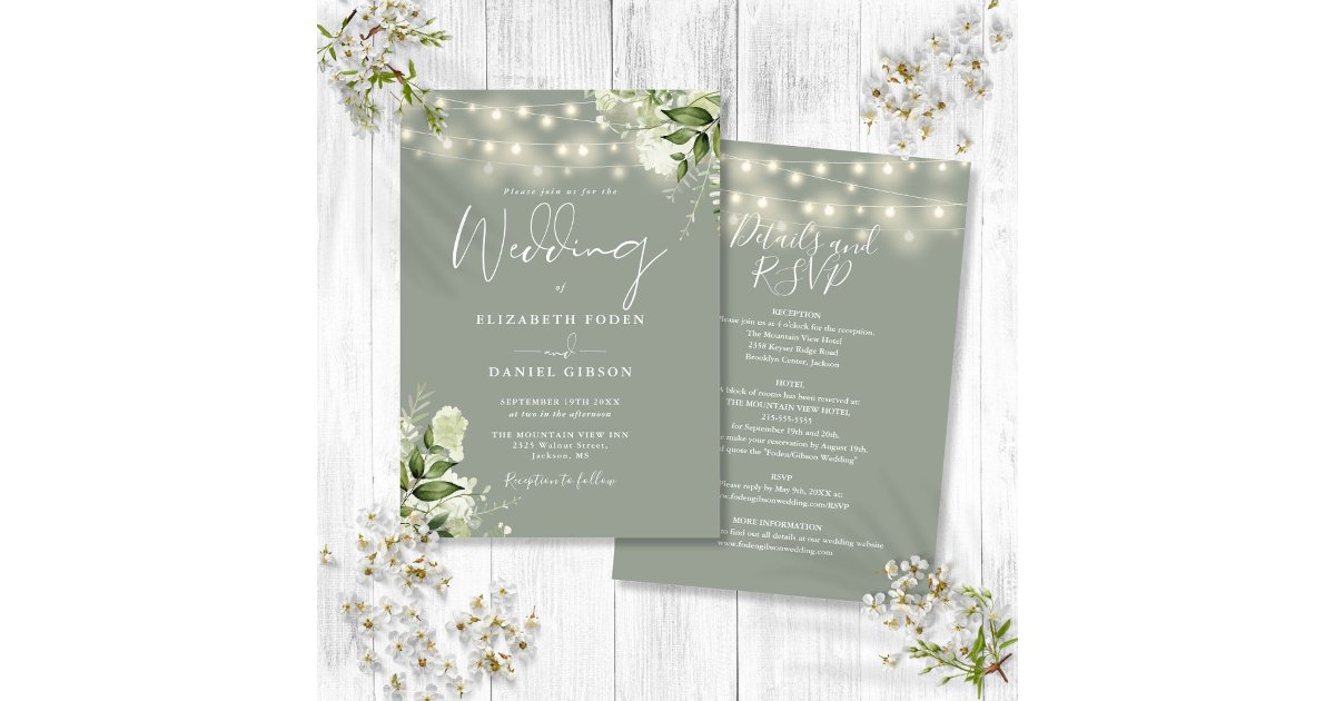 All In One Sage Green String Lights Floral Wedding Invitation | Zazzle