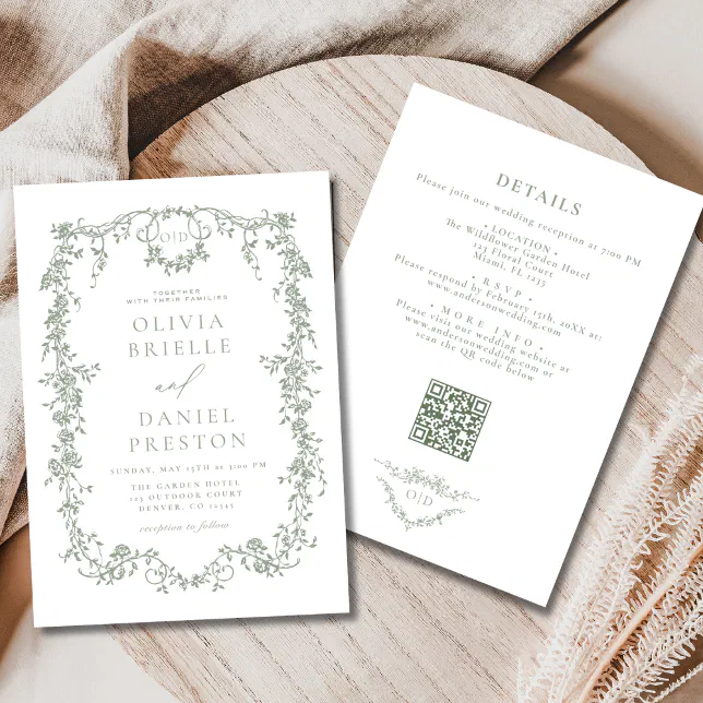 All In One Victorian Sage Green QR Code Wedding Invitation | Zazzle