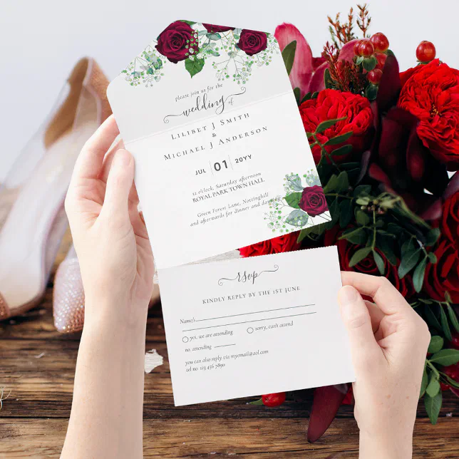 All Inclusive Deep Red Roses Wedding RSVP All In One Invitation | Zazzle