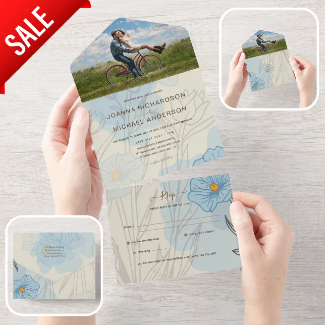 All Inclusive Dusty Blue Cream PHOTO Wedding RSVP All In One Invitation ...