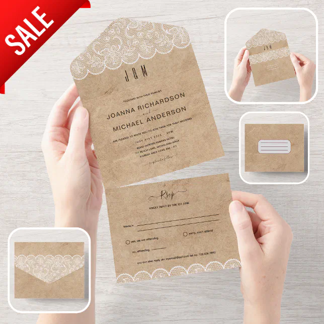 All Inclusive Rustic Lace Wedding with RSVP All In One Invitation | Zazzle