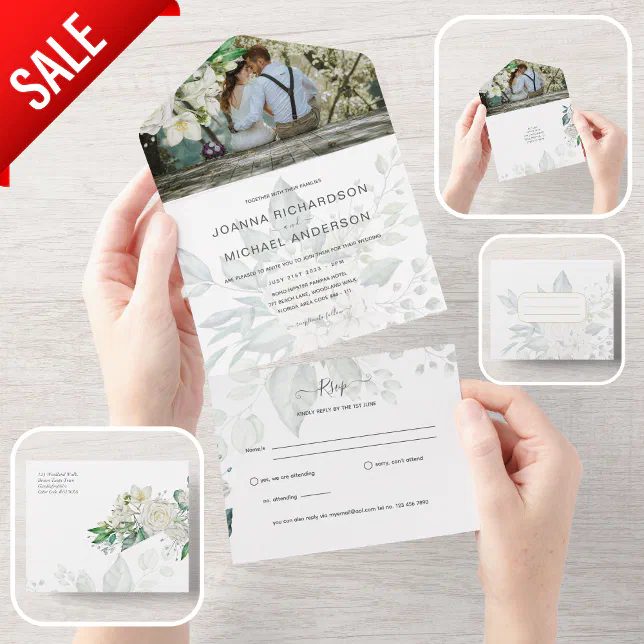 All Inclusive White Roses Tear off RSVP Wedding All In One Invitation ...