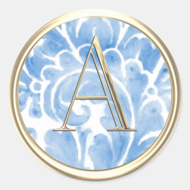 ALL INITIALS Gold Monogram Blue Plume Classic Round Sticker | Zazzle
