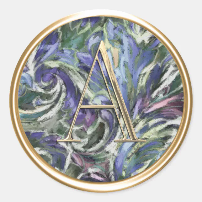 ALL INITIALS Monogram Blue Purple Green Damask Classic Round Sticker ...
