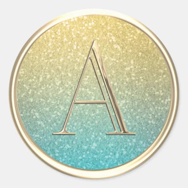 ALL INITIALS Monogram Ombre Glitter Teal Green Classic Round Sticker ...