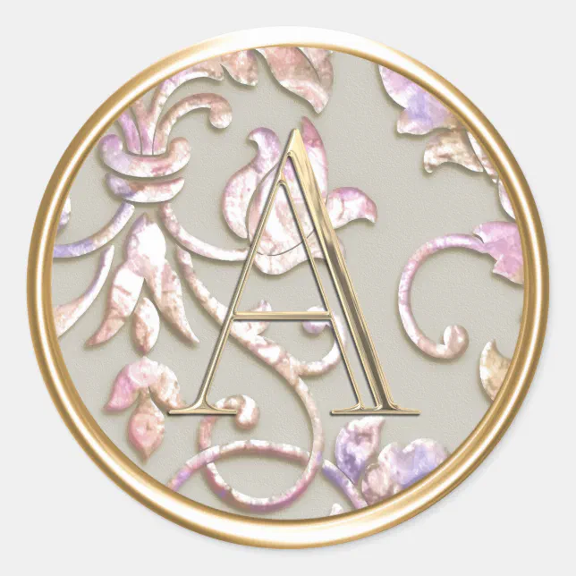 ALL INITIALS Monogram Purple Pink Peach Damask Classic Round Sticker ...
