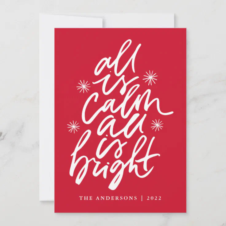 All Is Calm All Is Bright Red Non-Photo Holiday Card | Zazzle