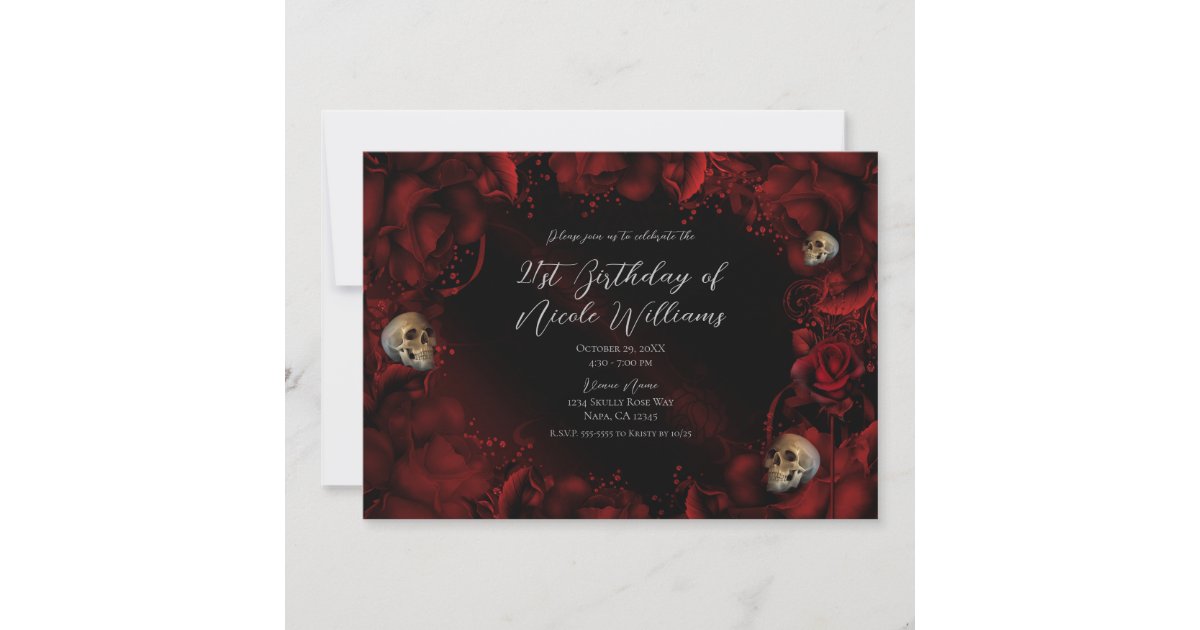 All Red Roses & Skulls Dark Floral Birthday Party Invitation | Zazzle